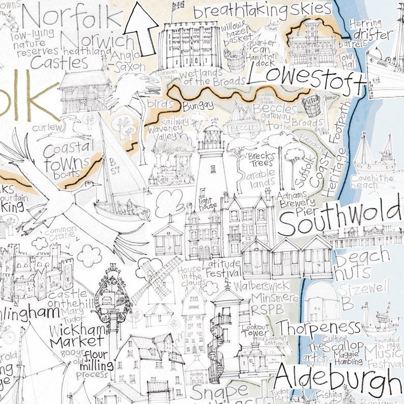 Hand Drawn Map of Suffolk, Lowestoft, Southwold, Aldeburgh, Lavenham ...