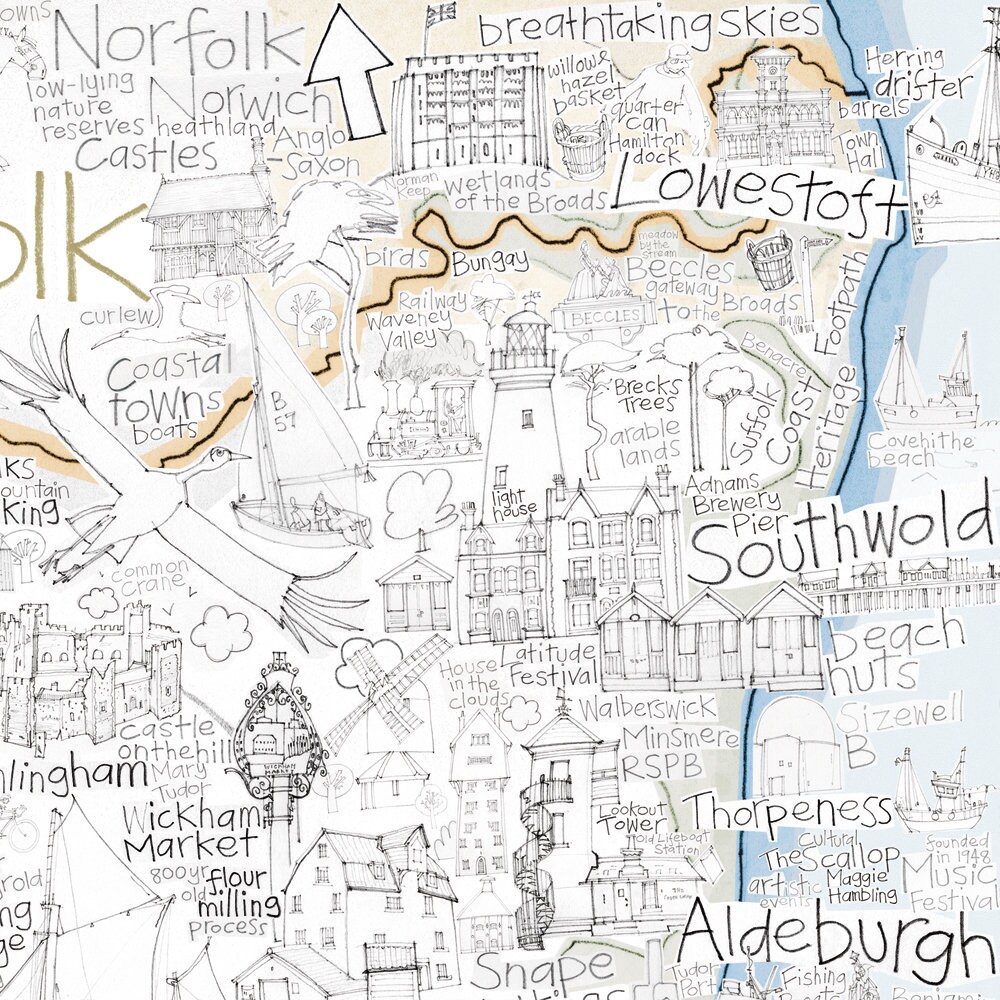 Hand Drawn Map of Suffolk, Lowestoft, Southwold, Aldeburgh, Lavenham ...