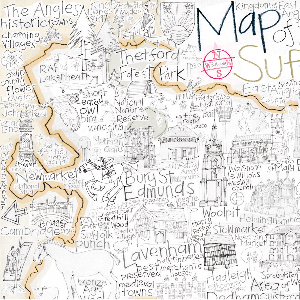 Hand Drawn Map of Suffolk, Lowestoft, Southwold, Aldeburgh, Lavenham ...