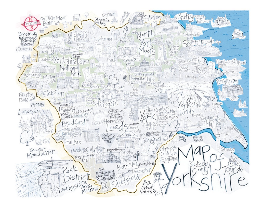 Hand Drawn Map of Yorkshire, Giclée Fine Art Print - Etsy UK