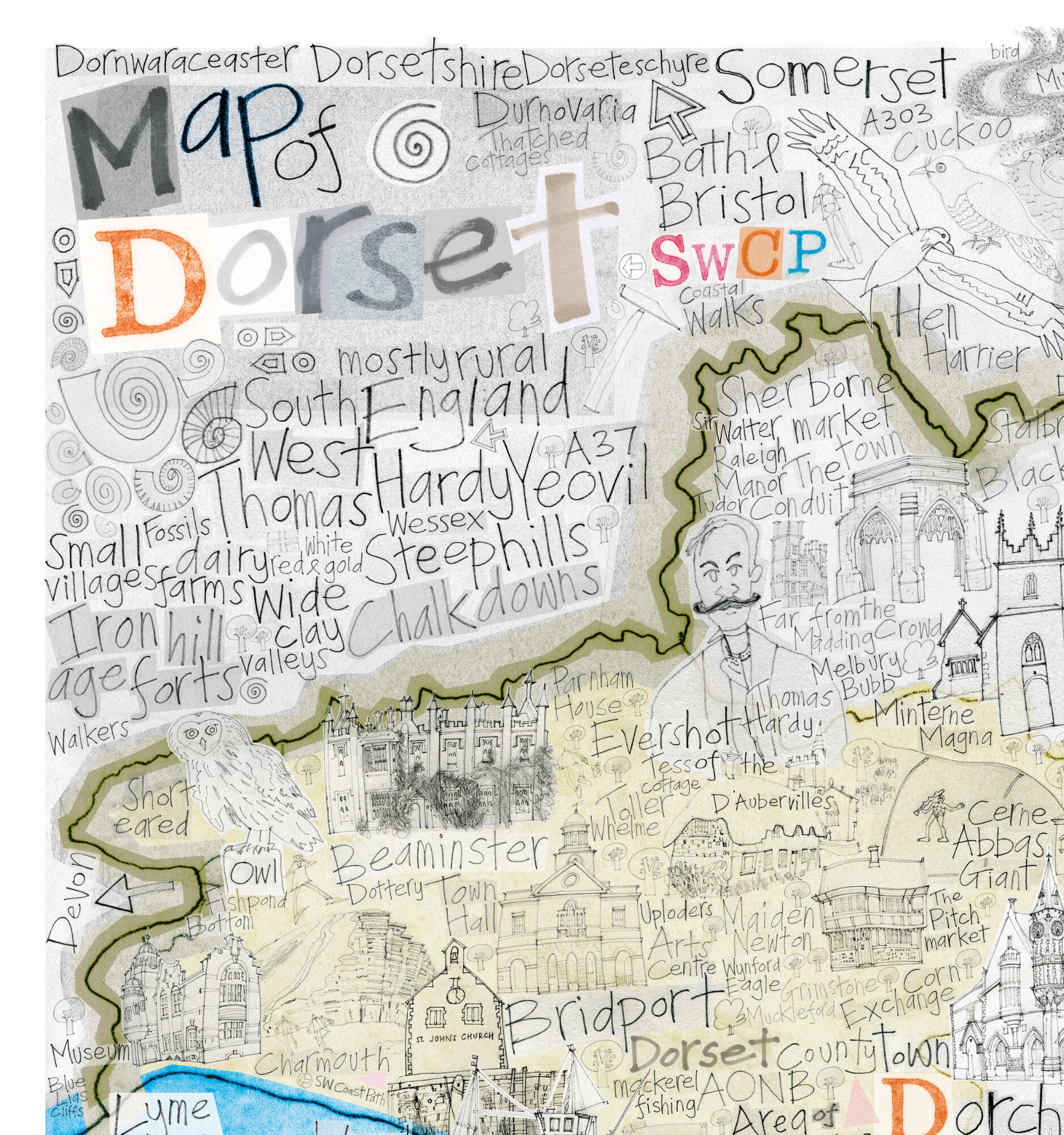 Hand Drawn Map of Dorset, Lyme Regis, Weymouth, Lulworth Cove ...