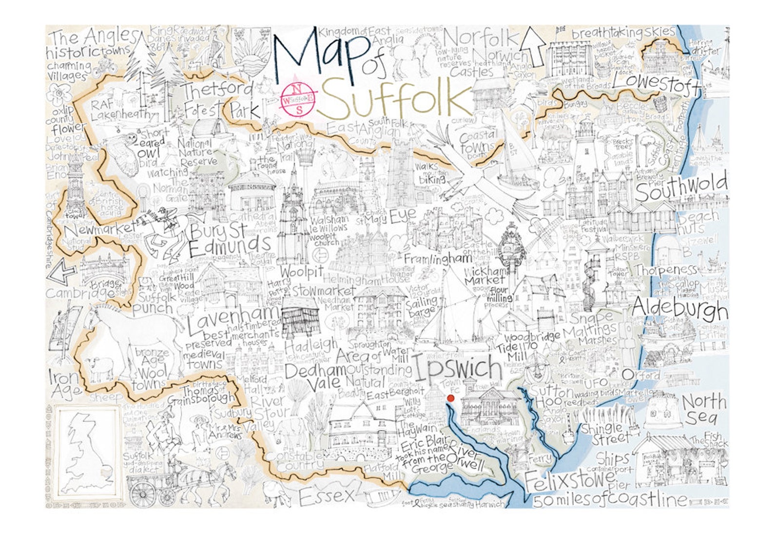 Hand Drawn Map of Suffolk, Lowestoft, Southwold, Aldeburgh, Lavenham ...