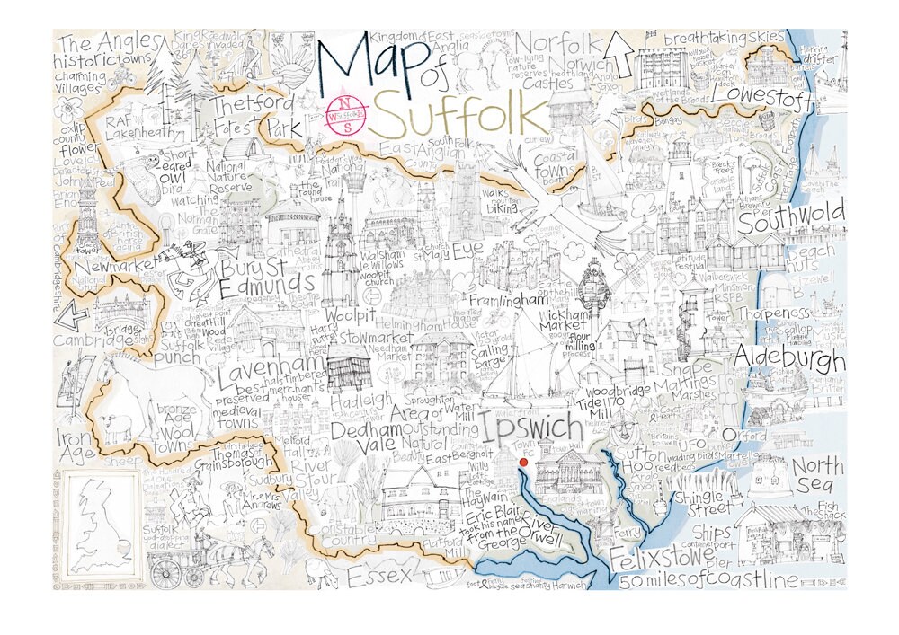 Hand Drawn Map of Suffolk, Lowestoft, Southwold, Aldeburgh, Lavenham ...
