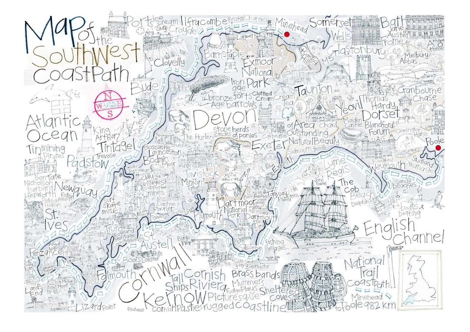 Hand Drawn Map of the South West Coast Path, Devon, Cornwall, Somerset ...