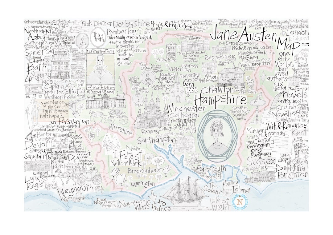 Hand Drawn Map of Jane Austen Hampshire Pride&prejudice - Etsy