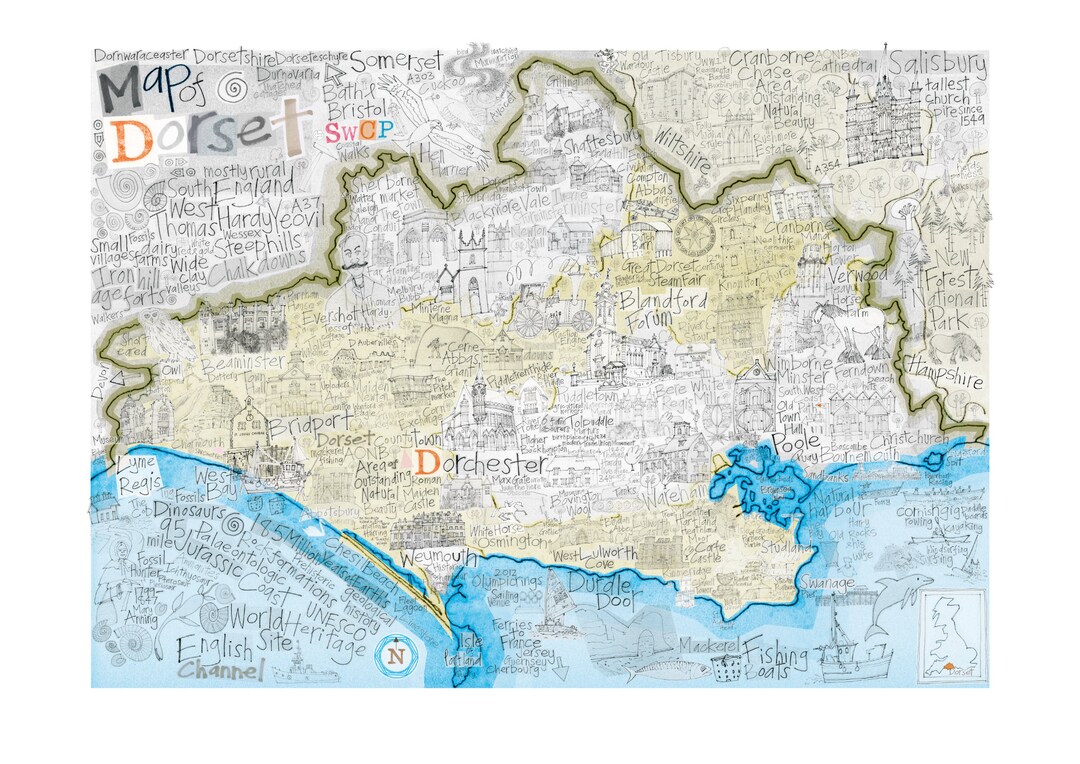 Hand Drawn Map of Dorset, Lyme Regis, Weymouth, Lulworth Cove ...