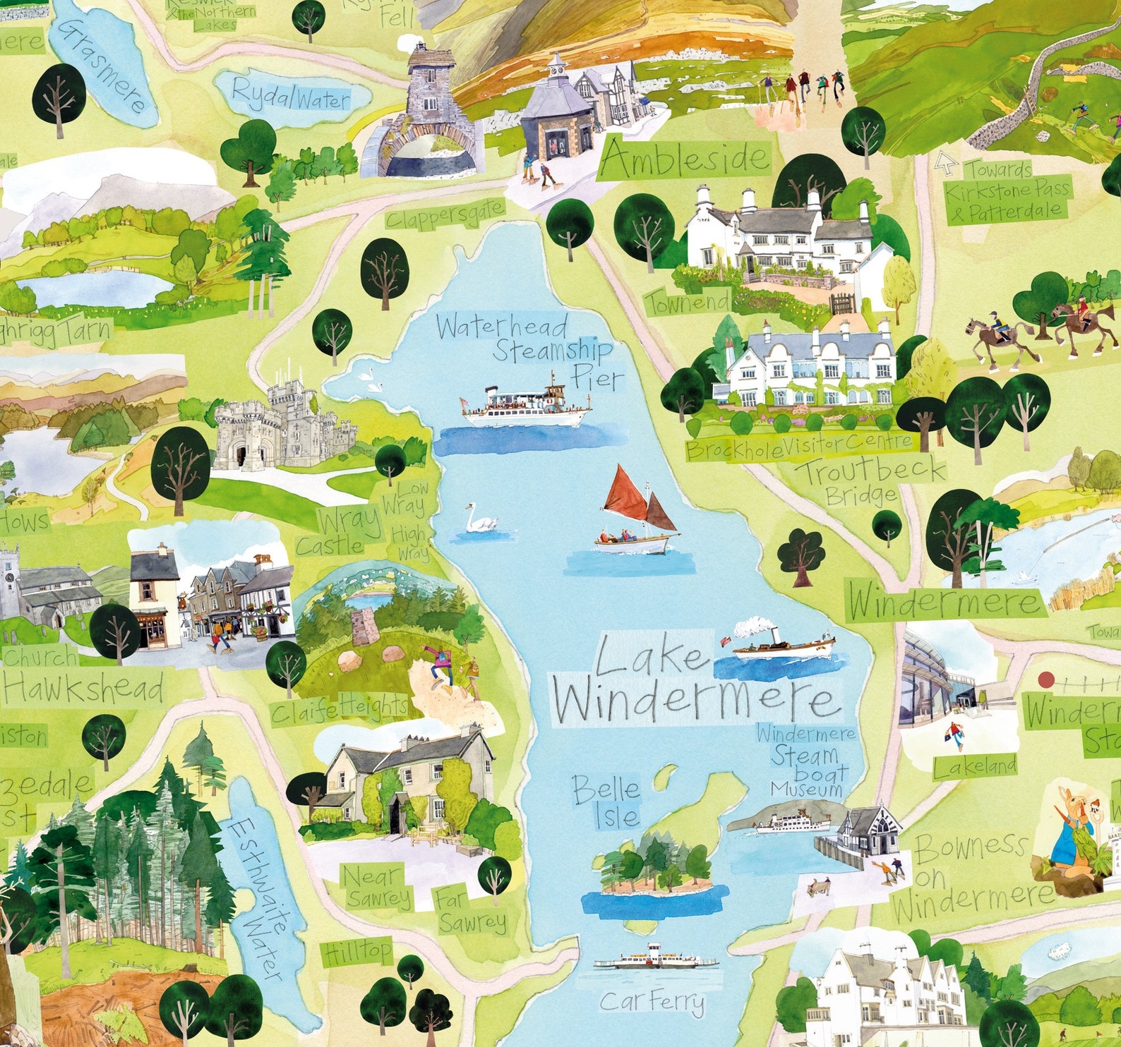Lake Windermere Map, Lake District National Park, Giclée Fine Art Print ...