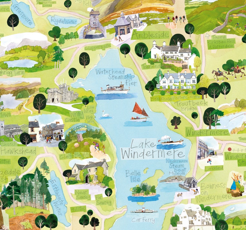 Lake Windermere Map, Lake District National Park, Giclée Fine Art Print ...