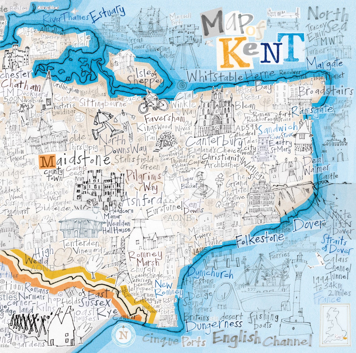 Map of Kent Greetings Card - Etsy UK