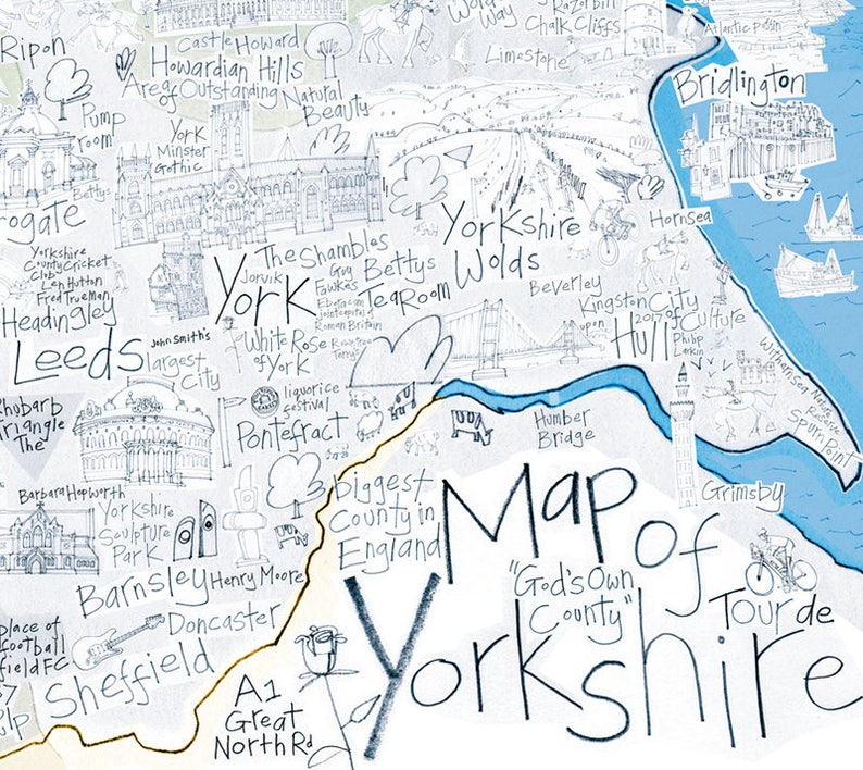 Hand Drawn Map of Yorkshire, Giclée Fine Art Print - Etsy UK