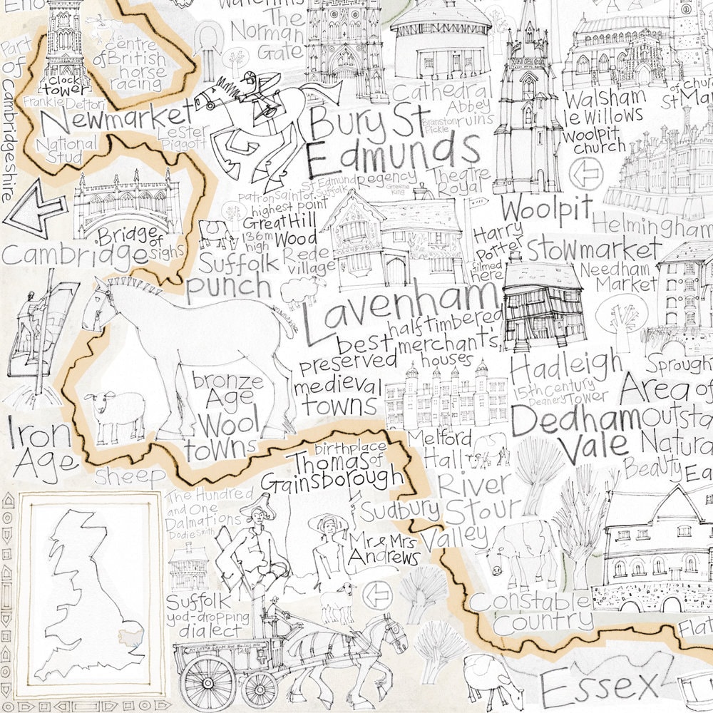 Hand Drawn Map of Suffolk, Lowestoft, Southwold, Aldeburgh, Lavenham ...