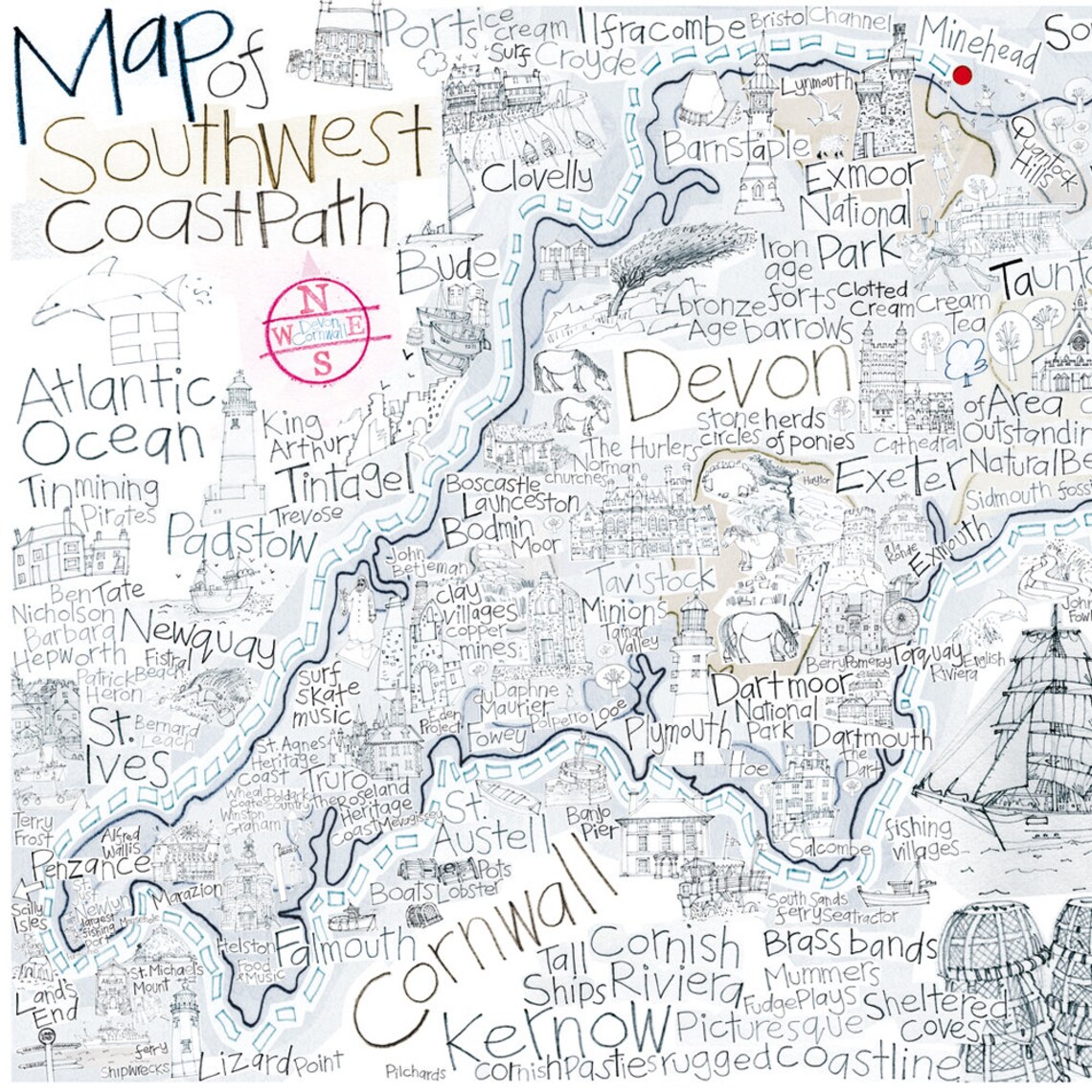Hand Drawn Map of the South West Coast Path, Devon, Cornwall, Somerset ...