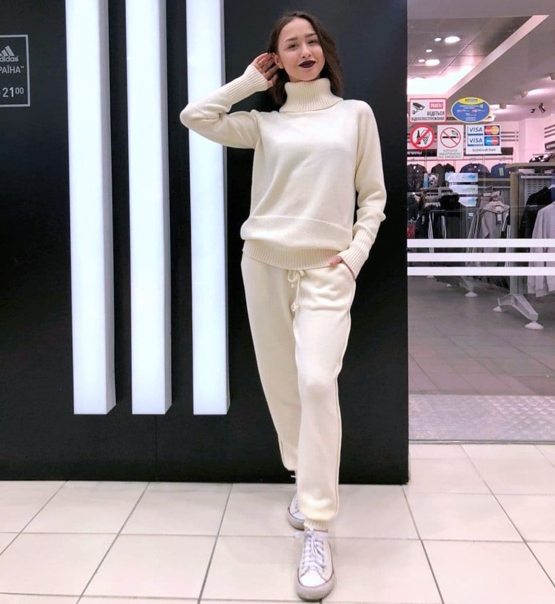 White Knitted Merino Wool Tracksuit Women's Set Sweater and Jogging ...