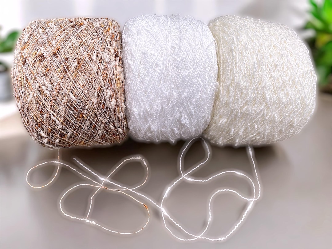 White Cotton & Viscose Italian Thick Thin Yarn, Textured Boucle Bumps ...