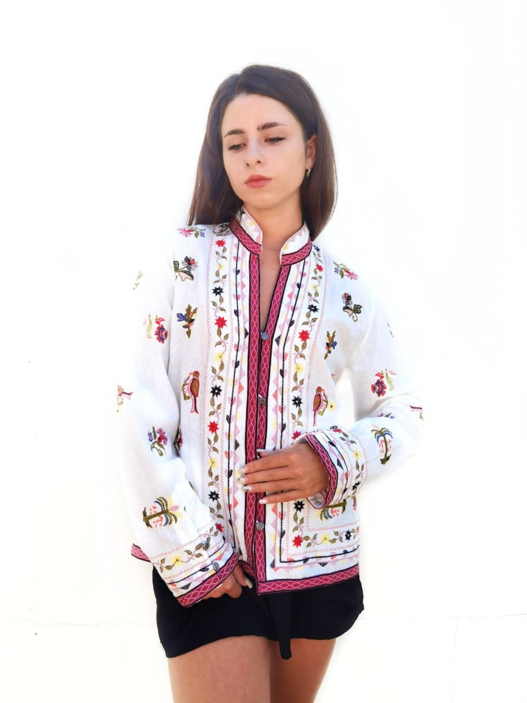Ukrainian Embroidery Vyshyvanka Linen Jacket Flower Women's White ...