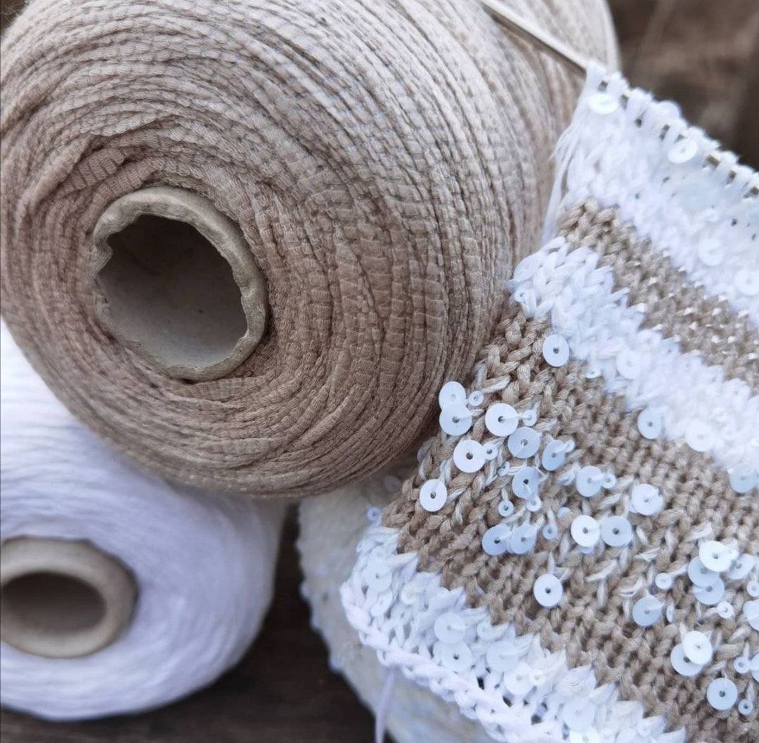 A Set of Beige and White Cotton Ribbon Yarn and Sequins 6mm 3mm for a ...