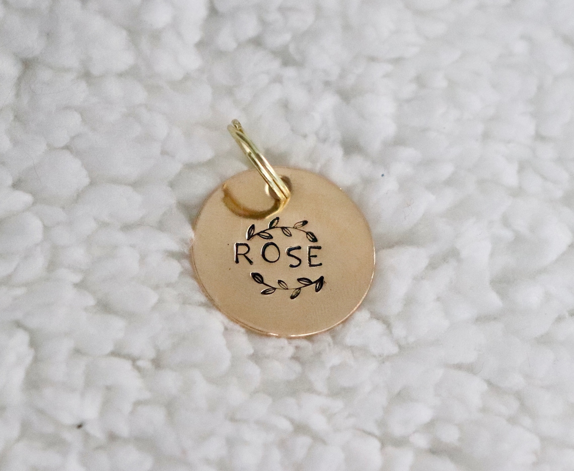 The Rose : Hand Stamped Greenery Gold Pet ID Tag | Dog Tag | Cat Tag ...