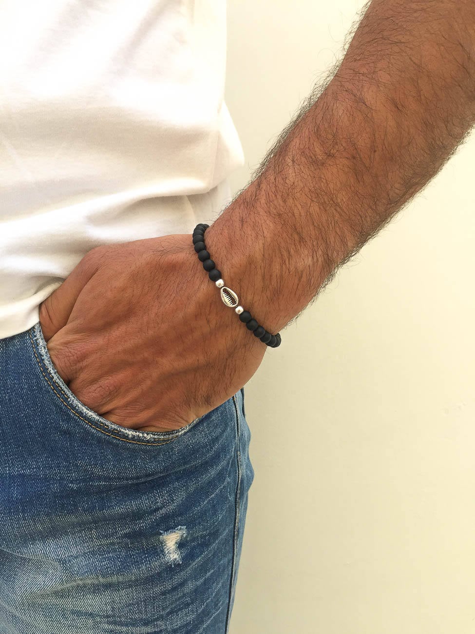 Mens Bracelet, Shell Beaded Bracelet Men, Black Beads, Seashell Jewelry ...