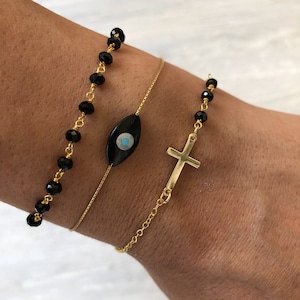Evil Eye Bracelet, Rosary Beaded Bracelet, Eye Charm Bracelet, Cross ...