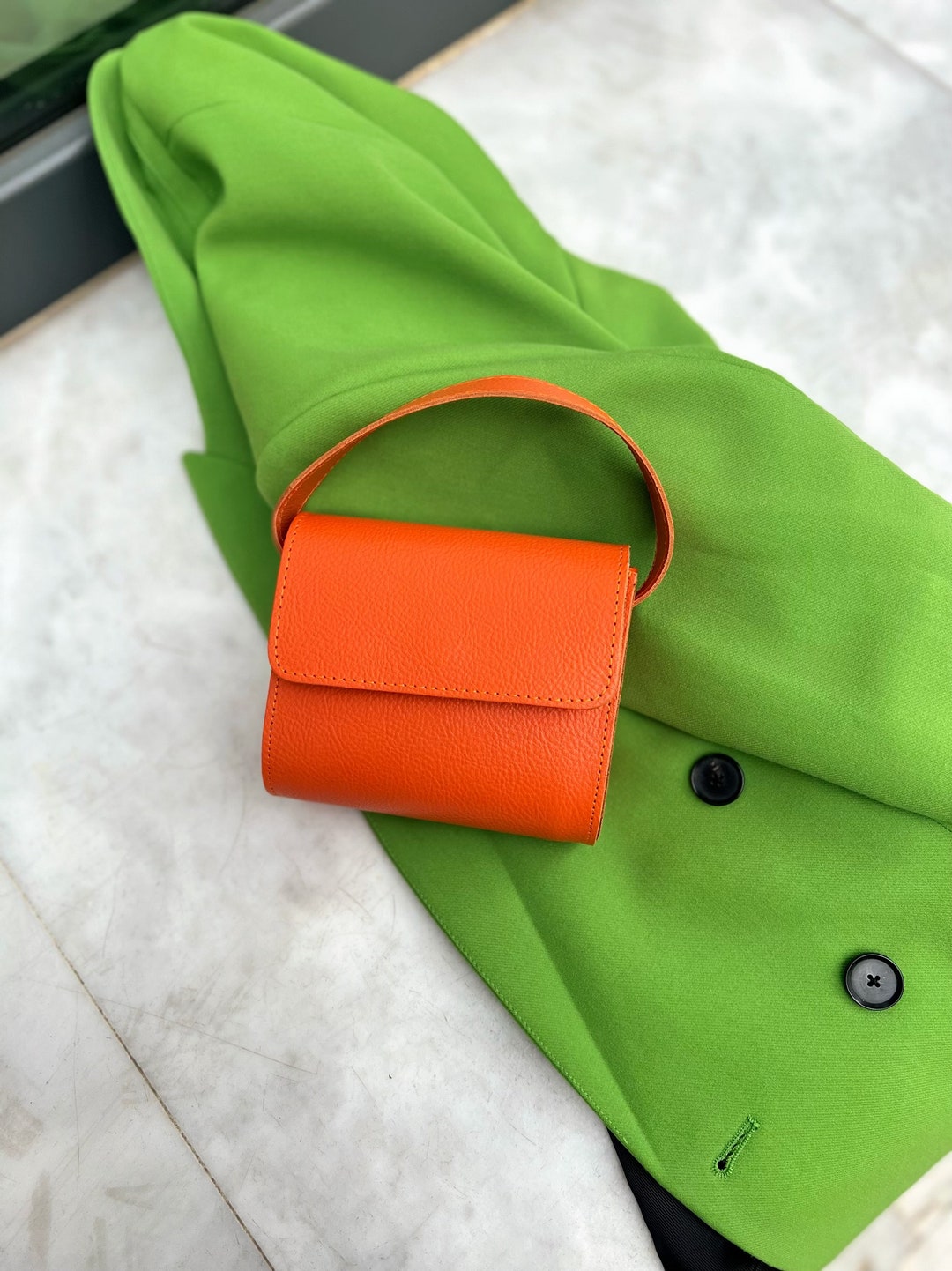 Orange Leather Top Handle Bag: Minimalist Small Purse, Tiny Bag - Etsy
