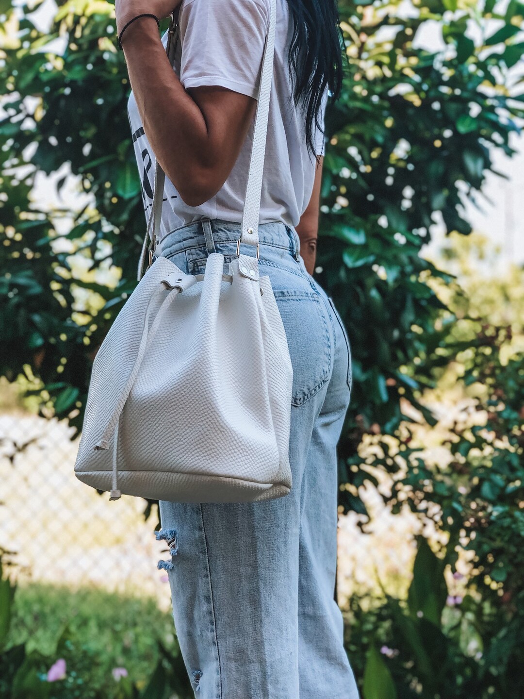 White Leather Bucket Bag, Leather Purse, Tote Bag, White Bucket Purse ...