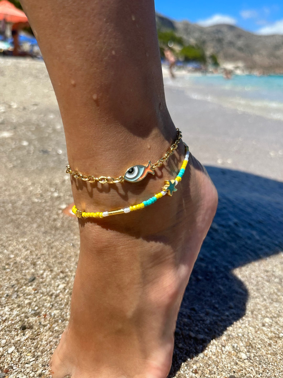 Fishtale Ankle Bracelet, Beach Anklet, Beaded Anklet, Gold Chain Anklet ...
