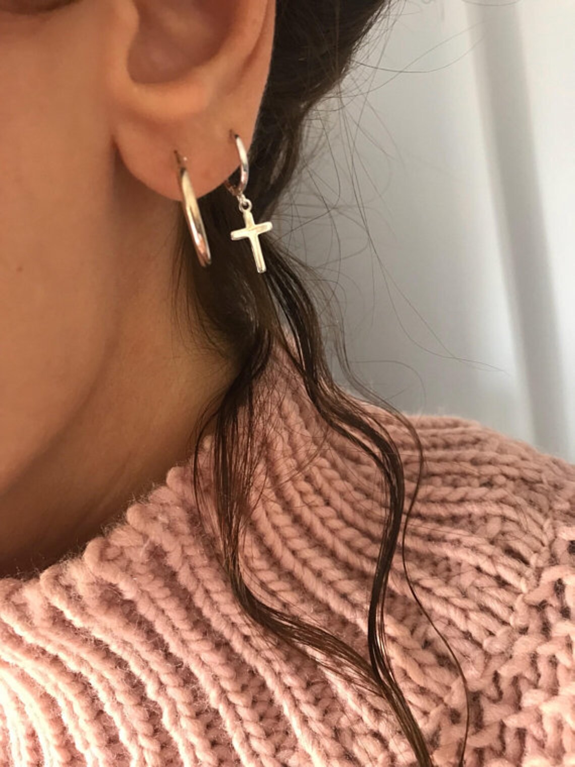 Silver Cross Earrings Cross Hoop Earrings Hoop Earrings | Etsy