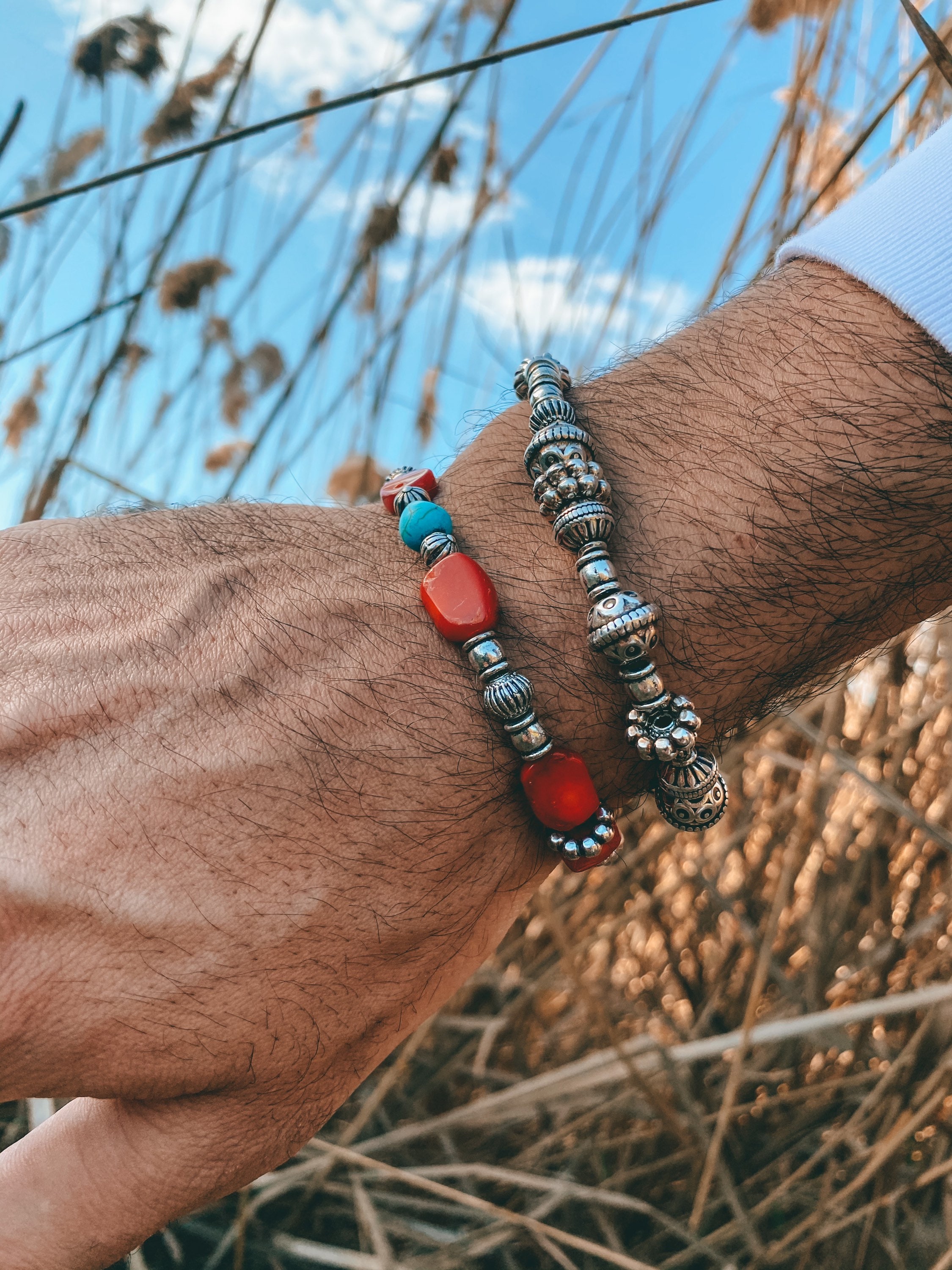 Beaded Bracelets for Men, Large Silver Beads Bracelet, Mens Bracelets ...