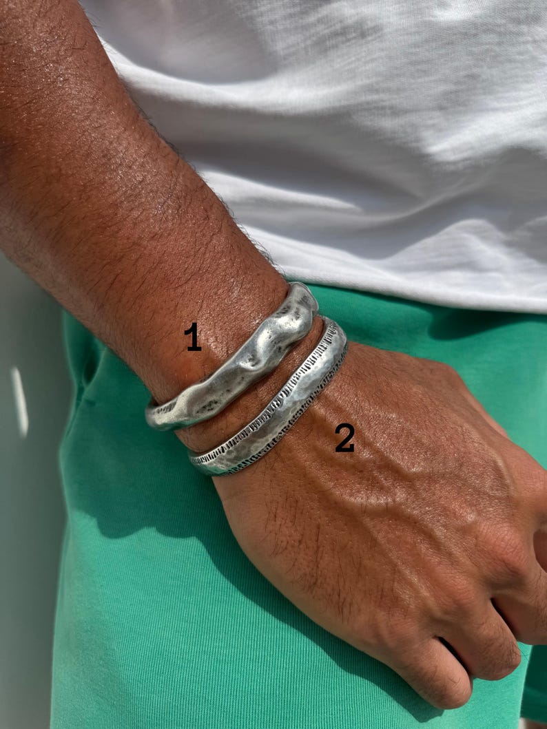 Men's Bangle Bracelets, Adjustable Silver Cuff Men, Hammered Bracelets ...