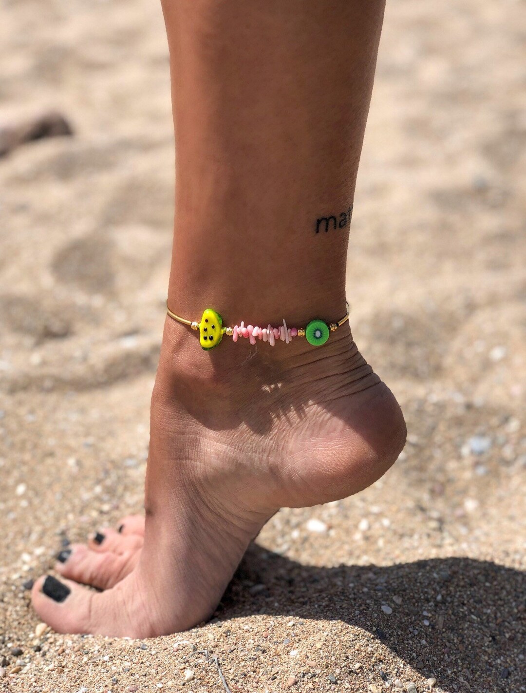 Coral Beaded Anklet With Fruit Charms: Gold Beach Ankle Bracelet - Etsy