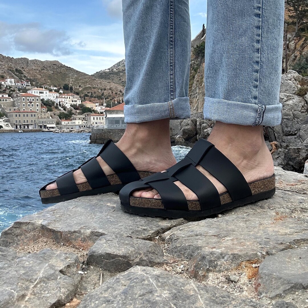 Men's Leather Sandals, Black Sandals Men, Leather Sandals Men, Slide ...