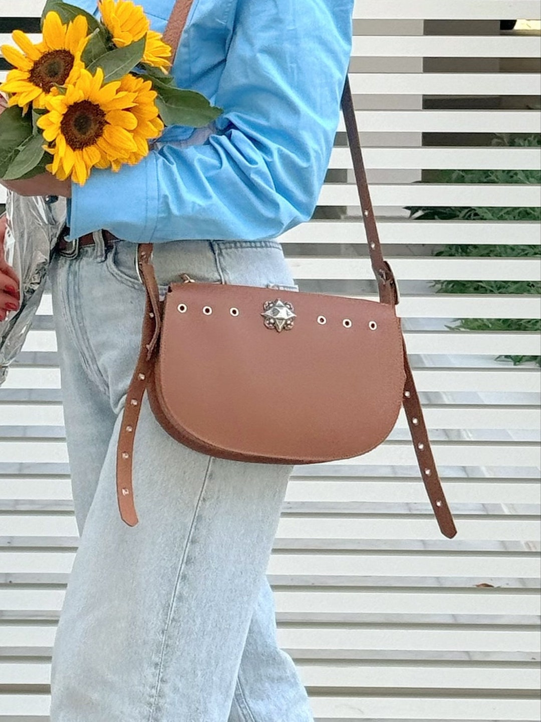 Brown Leather Crossbody Bag, Studded Shoulder Bag, Women Purse, Made in ...
