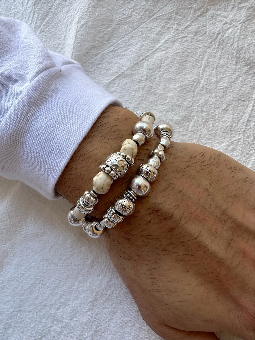 Men's Beaded Bracelet Set, Large Silver Beads Men, Handmade in Greece ...