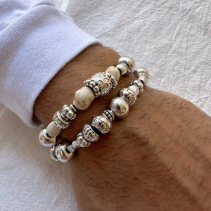 Men's Beaded Bracelet Set, Large Silver Beads Bracelet Men, Handmade ...