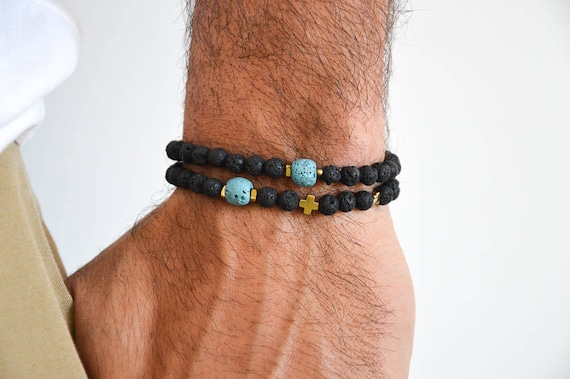 Mens Bracelet Beaded Bracelet Men Lava Beaded Bracelet Black Bracelet Cross Bracelet Men Men s Jewelry Gift for Him Made in Greece. Etsy