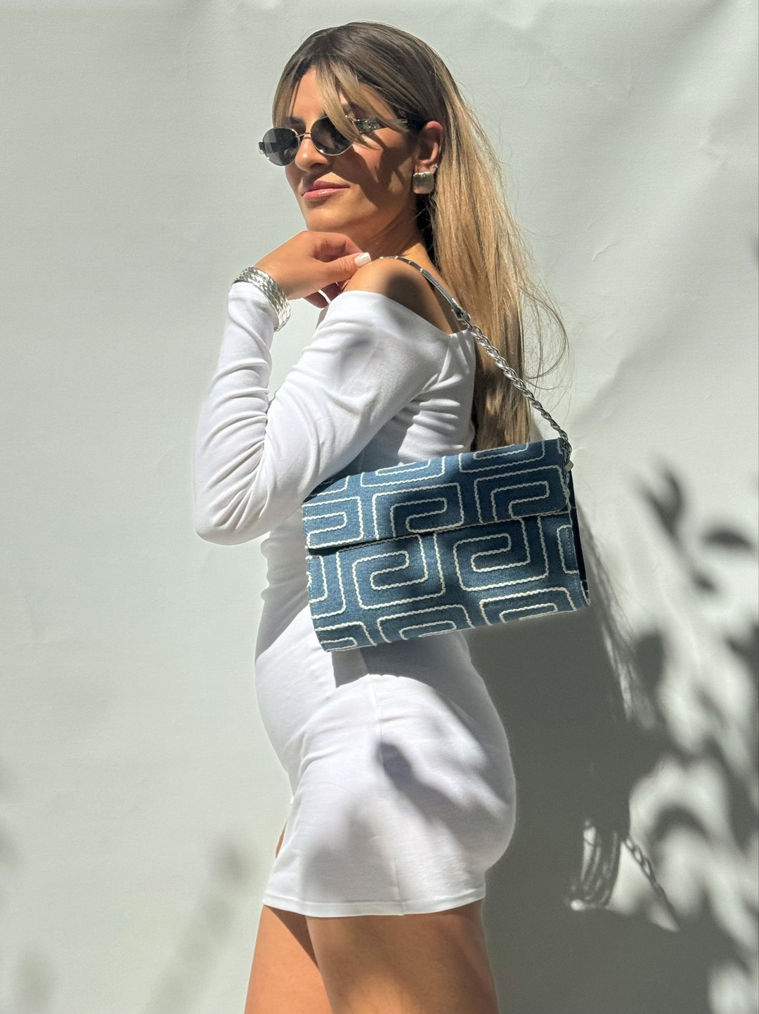 Denim Shoulder Bag: Women Purse, Leather Lined Purse With Silver Chain ...