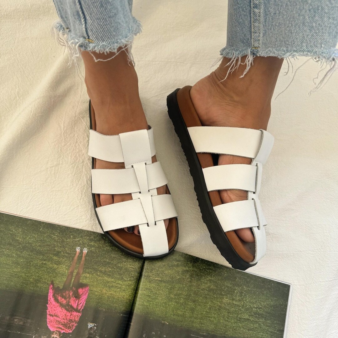 White Leather Slide Sandals, Handmade Summer Shoes, Women Sandals. - Etsy