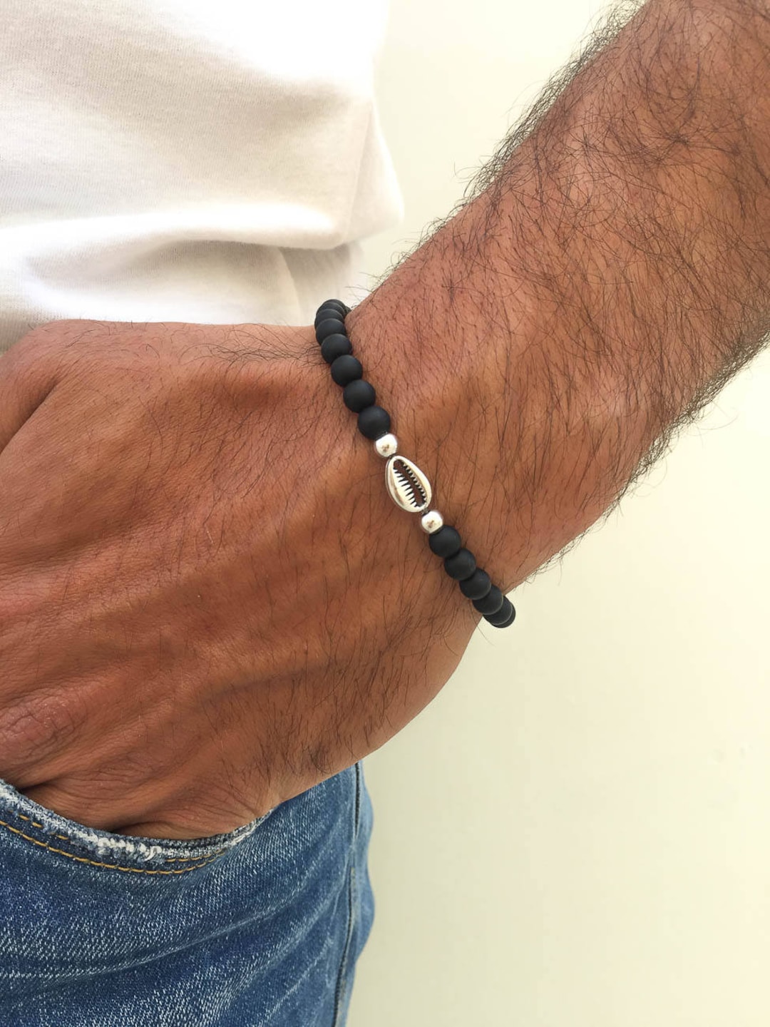 Mens Bracelet, Shell Beaded Bracelet Men, Black Beads, Seashell Jewelry ...