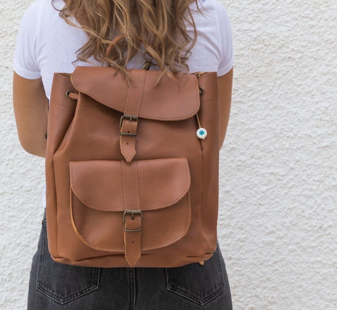 Full Grain Leather Backpack: Large Brown Rucksack Women, Made in Greece ...