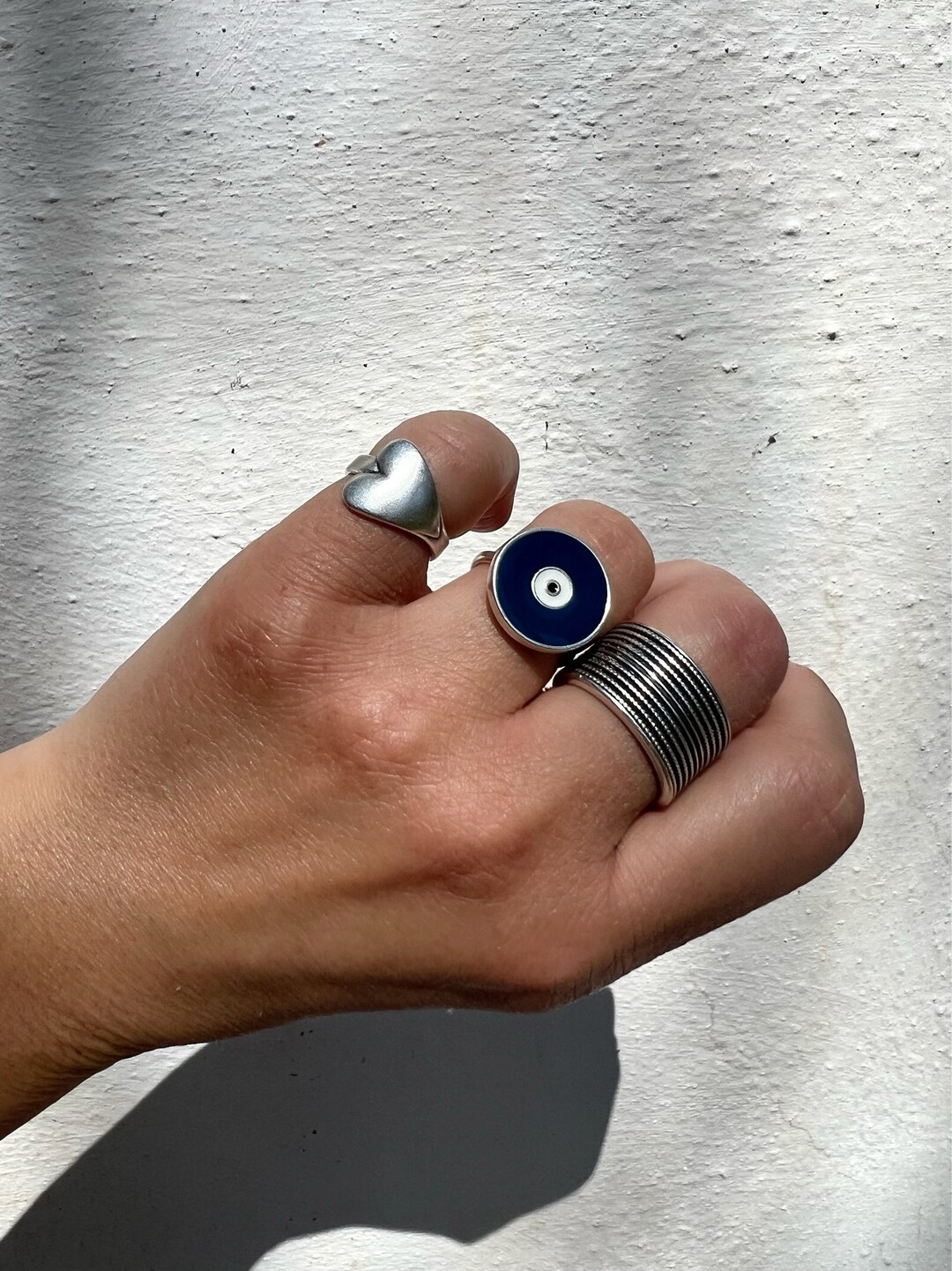 Silver Ringsset, Evil Eye Ring, Heart Band - Adjustable Bands. - Etsy
