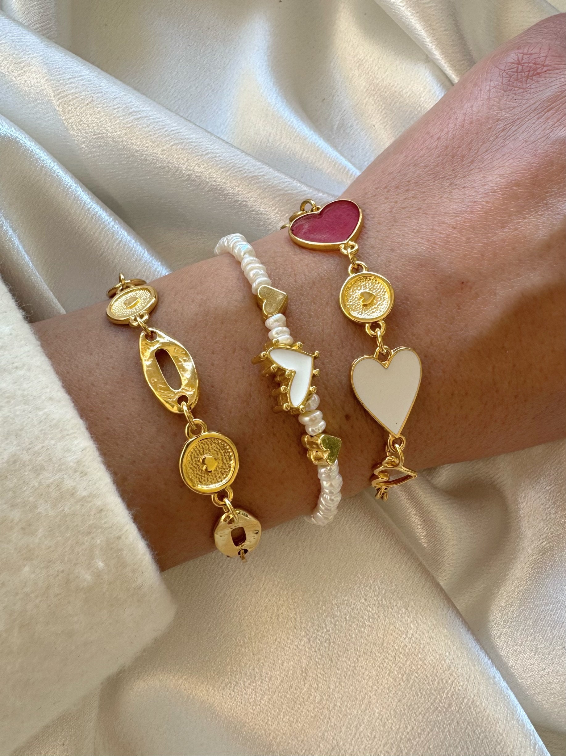 Gold Heart Bracelet Set, Gold Bracelets, Freshwater Pearls & Enamel ...