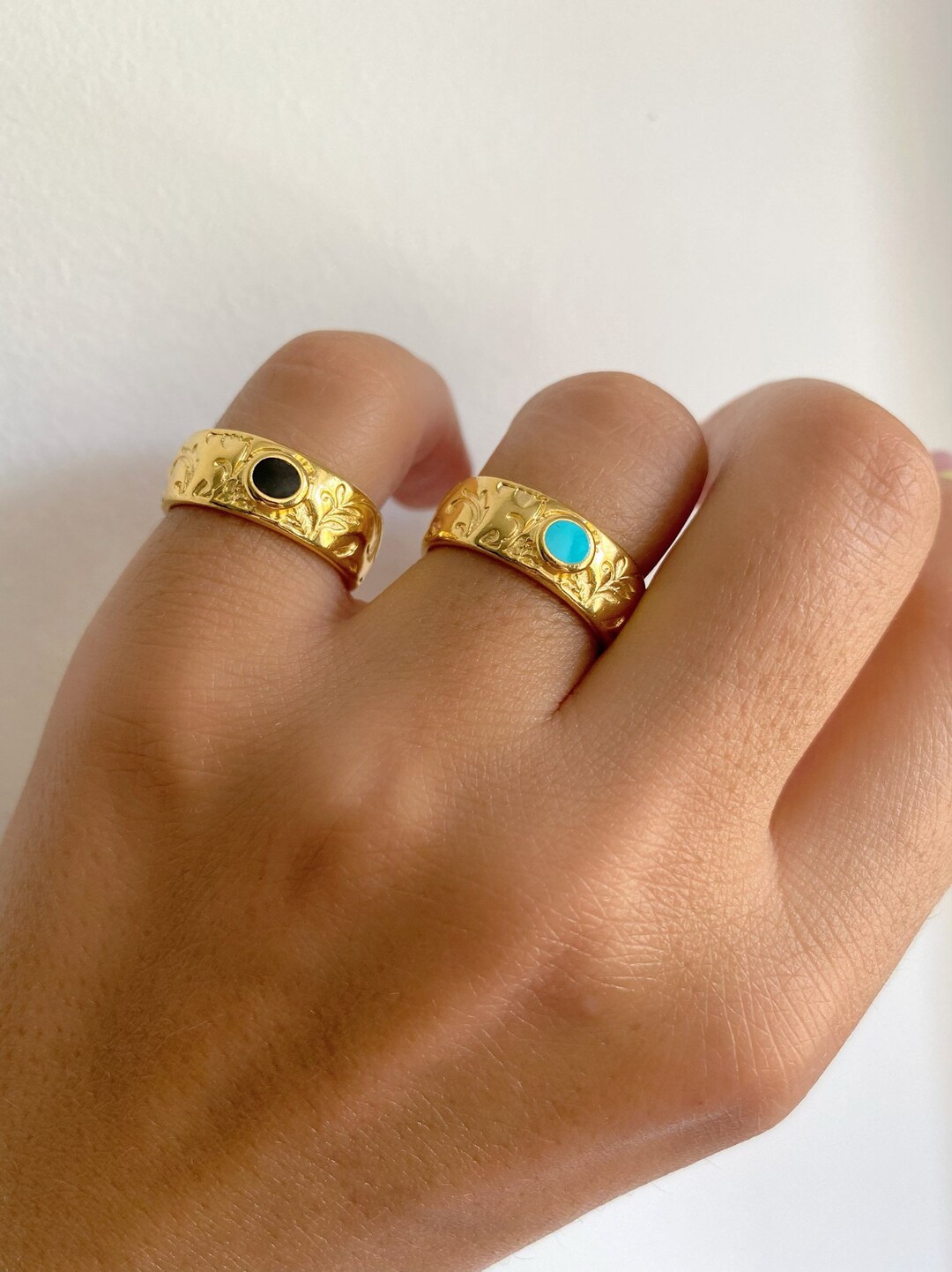 Gold Rings, Floral Ring With Enamel Stone - Handmade in Greece - Etsy