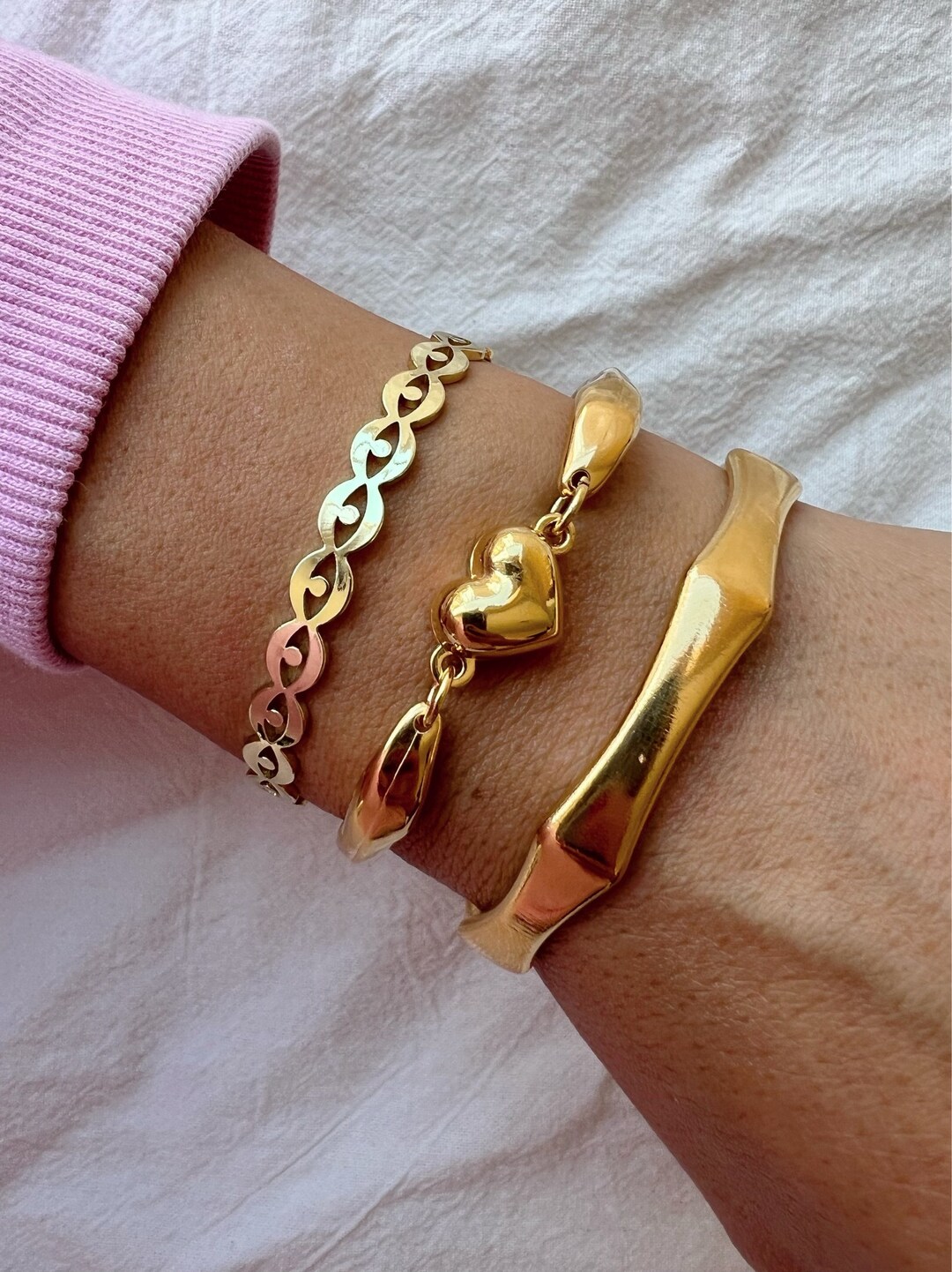 Handmade Gold Color Bangle Bracelet Set: Heart Charm, Adjustable Cuffs ...