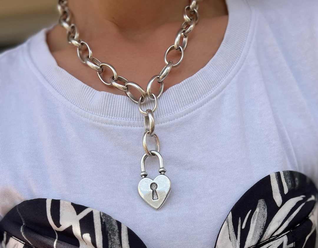 Silver Heart Lock Necklace, Long Heart Necklace, Wide Silver Chain ...