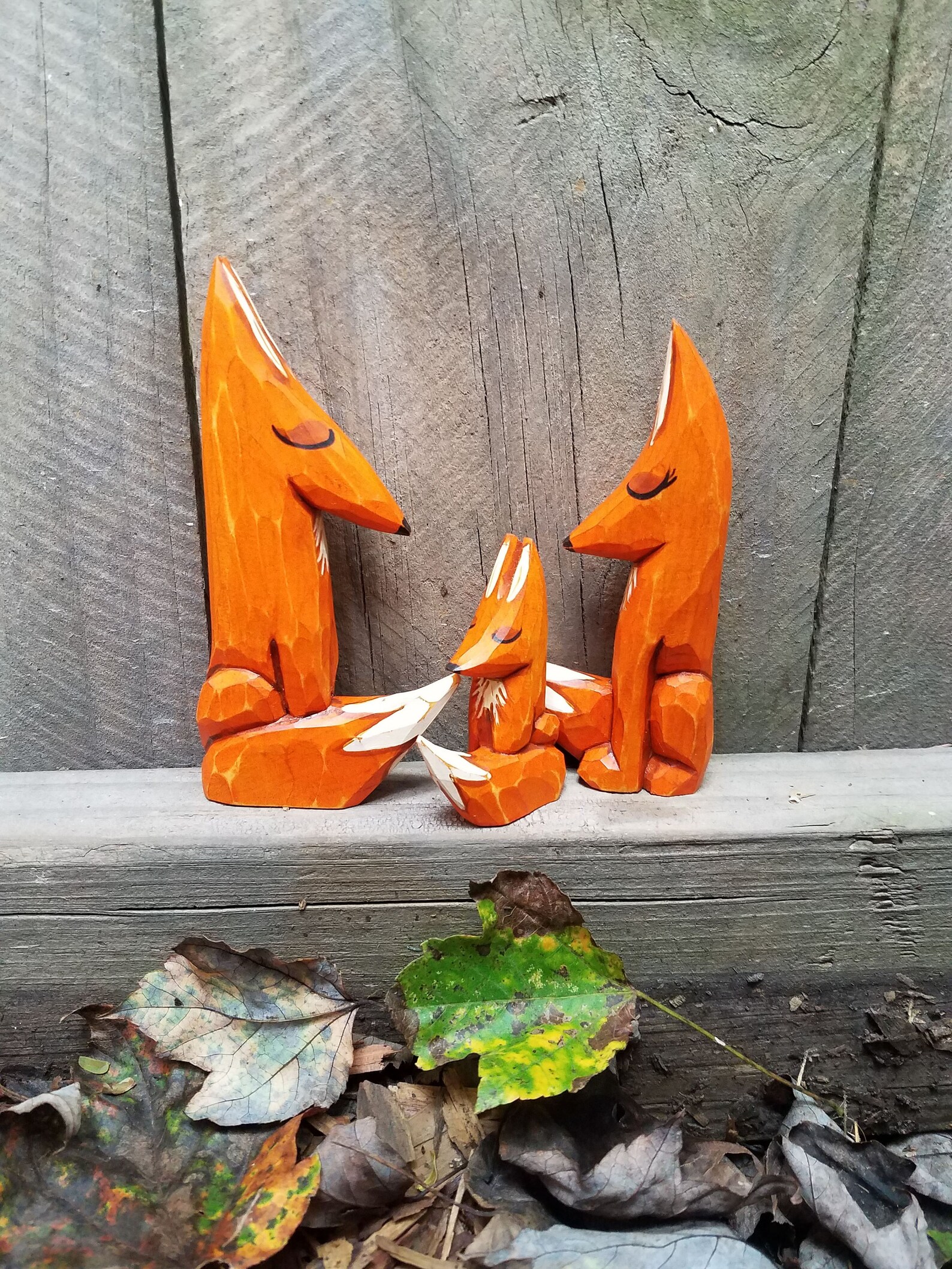Fox Wood Carved Forest Animal Set Fox Family | Etsy