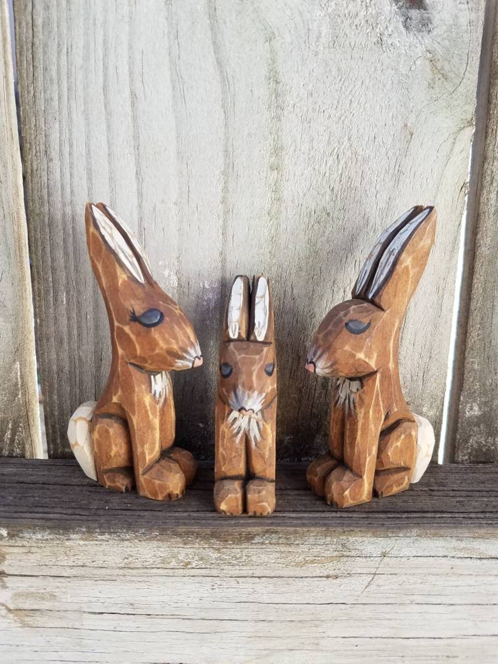 Wood Carved Forest Animals (rabbit Family) - Etsy