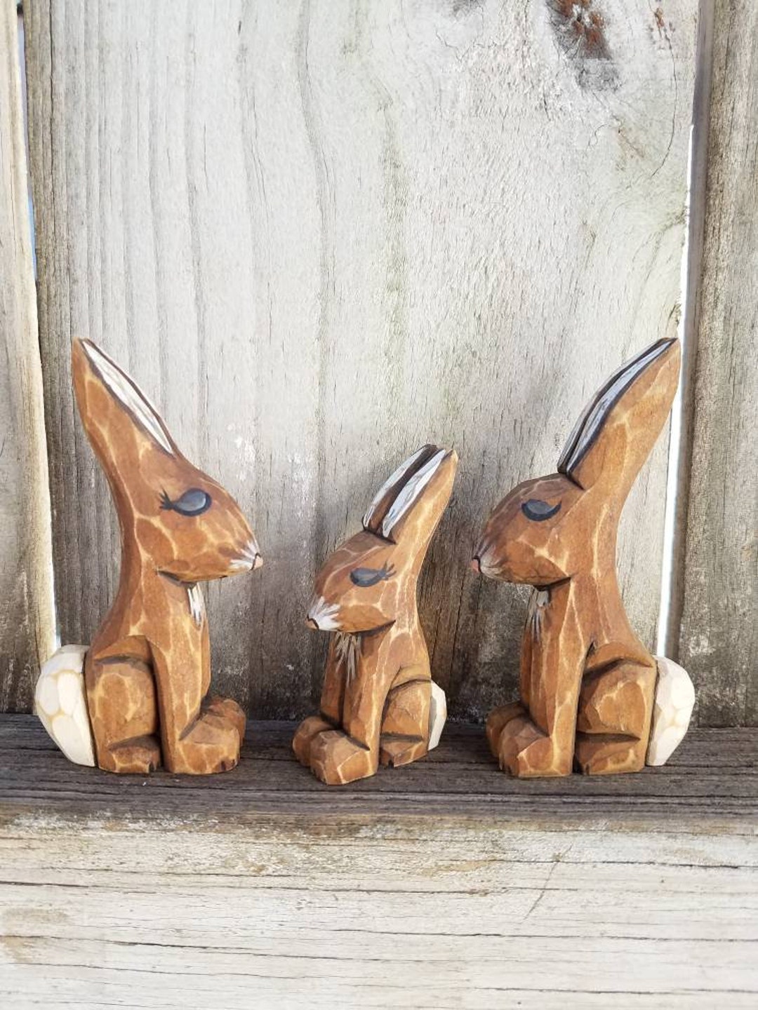 Wood Carved Forest Animals (rabbit Family) - Etsy