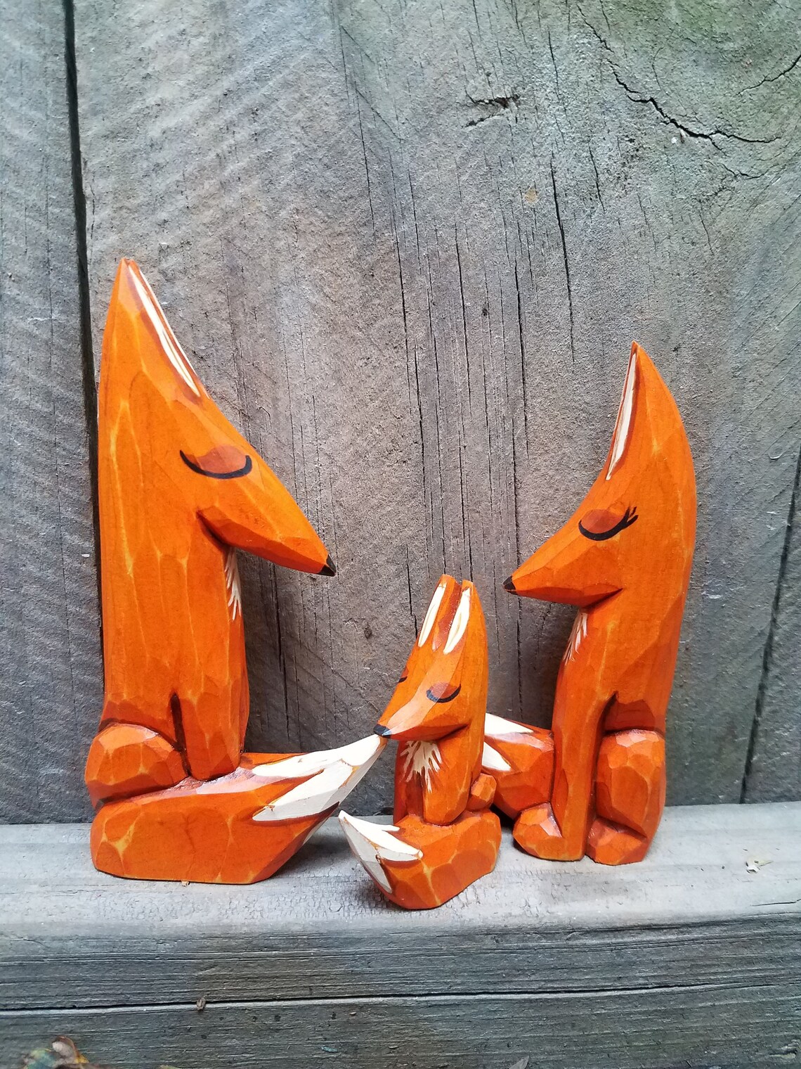Fox Wood Carved Forest Animal Set Fox Family | Etsy