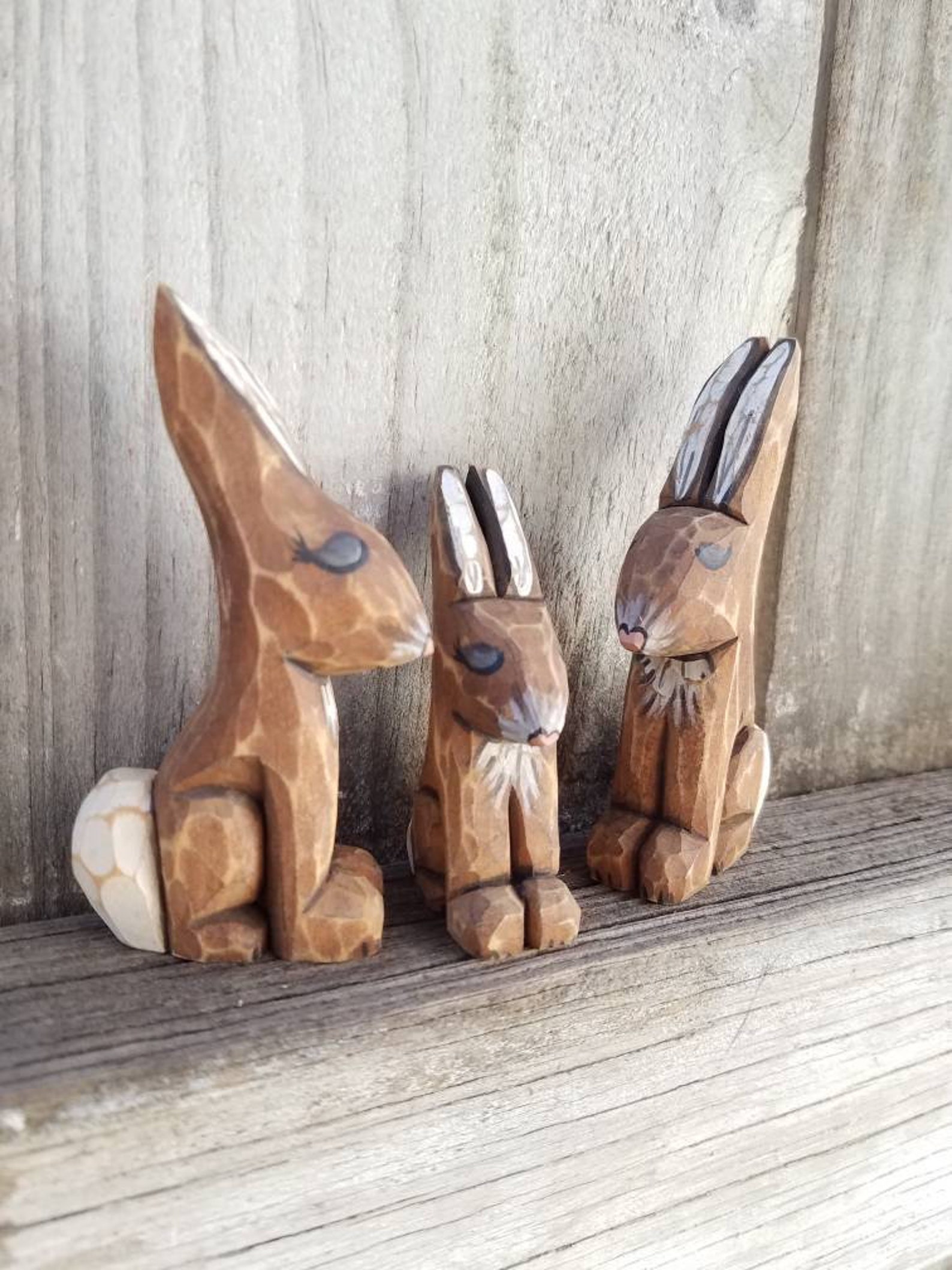 Wood Carved Forest Animals (rabbit Family) - Etsy