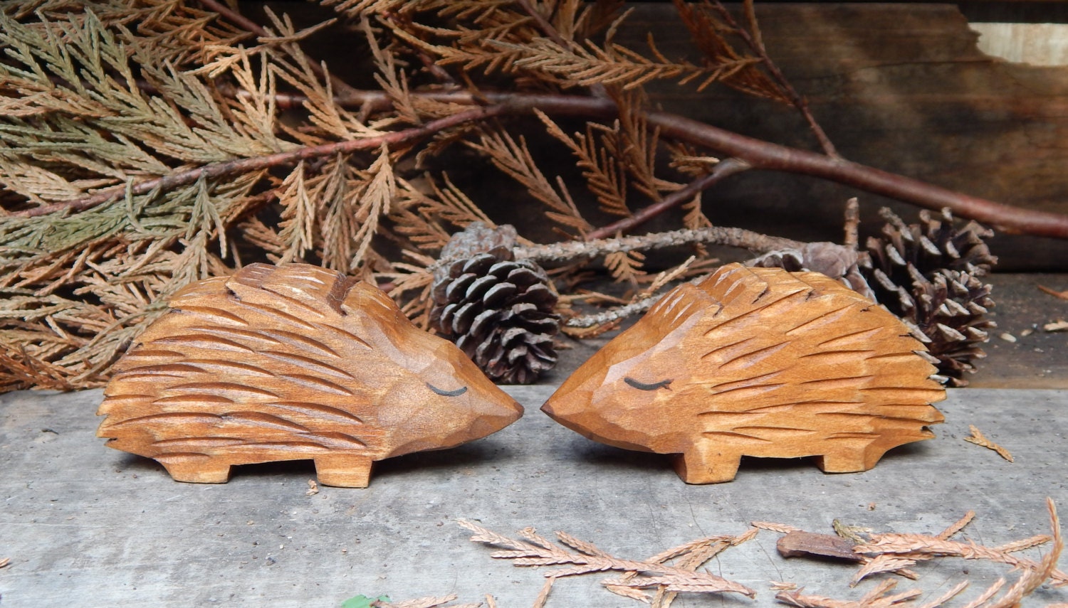 Hand Carved Wood Hedgehog Set: Natural Beeswax Finish - Etsy